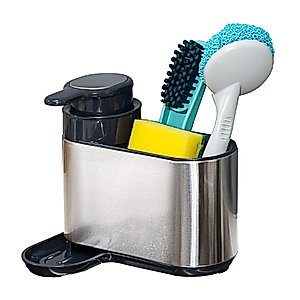 SDlumeiy Stainless Steel and Plastic Soap Dispenser with Sink Caddy, Stainless Steel Sponge Holder, Brush Holder, Kitchen Sink Organizer 7x5x6.4 inches Silver Gray