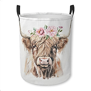Laundry Basket Pink Floral Highland Cow Collapsible Laundry Hamper with Handles Clothes Storage Bin for Household Bedroom Bathroom College Dorms