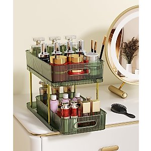 colorsmoon 2-Tier Makeup and Skincare Organizers for Vanity, Large Perfume Organizer, Pull-out Bathroom Organizers and Storage with 4 Removable Dividers for Bath, Bedroom, Cabinet, Gem Green