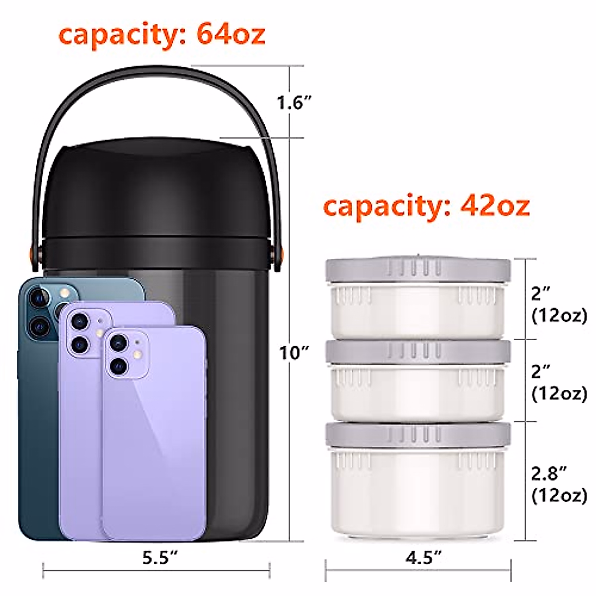 Runkrin Insulated Food Jar 64oz for Hot Food 6 Hours, 3 Tiers Leak-Proof Stackable Thermal Lunch Box Containers, Stainless Steel Vacuum Soup Storage for Men Women