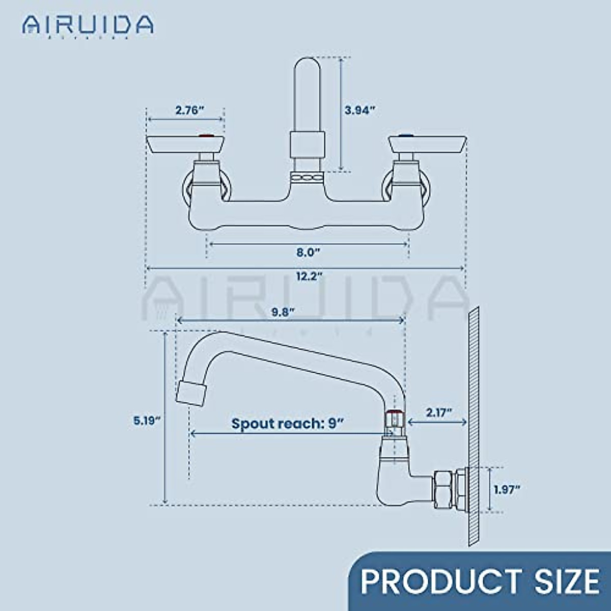 Airuida Brushed Nickel Wall Mount Commercial Kitchen Faucet Wall Mounted Kitchen Sink Faucet 8 Inches Center 8 Inches Swivel Spout Utility Sink Faucets 2 Handle Restaurant Laundry Tap