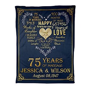 Custom 75th Wedding Anniversary Blanket Gifts for Parents Grandparents, 75th Diamond Wedding Anniversary Throw Blankets for Husband Wife, Personalized 75th Anniversary Blanket Gifts