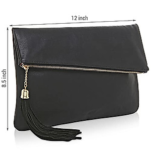 MG Collection Black Clutch Purses for Women Evening or Casual Handbag with Foldover Design, Zipper and Decorative Tassel