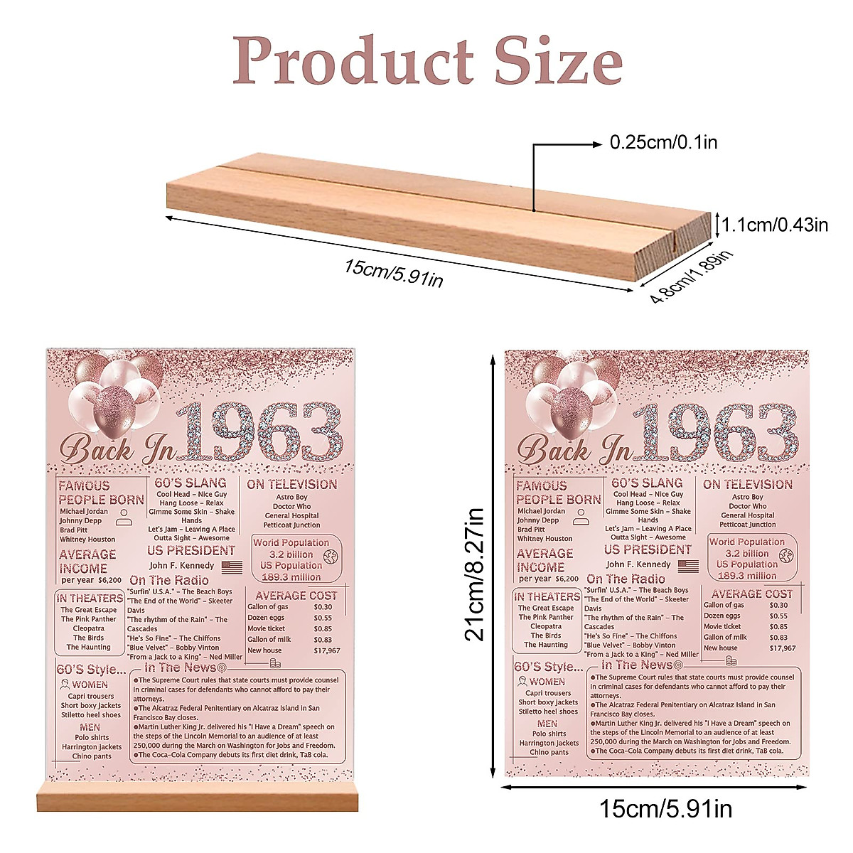Vlipoeasn Pink 61st Birthday Anniversary Table Decoration 1963 Poster for Women, Rose Gold Back in 1963 Acrylic Table Sign with Wooden Stand, 61 Year Old Birthday Party Centerpieces Gift Supplies