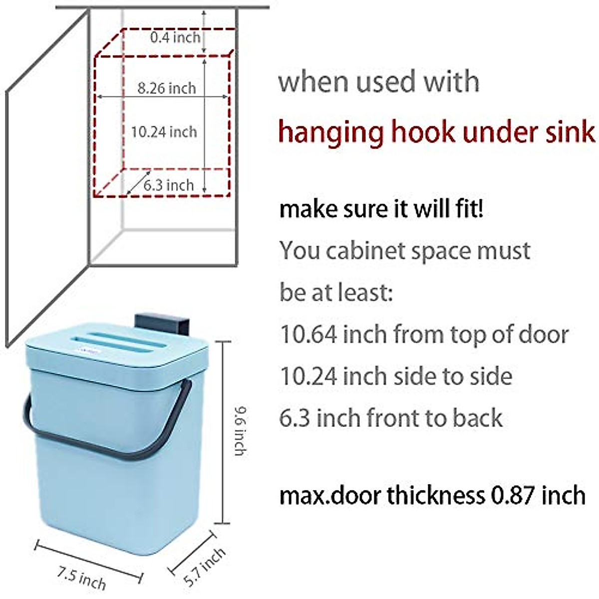 Jesintop Kitchen Compost Bin Indoor for Counter Top,Hanging Small Trash Can with Lid,Food Waste Bin,Mountable Compost Busket 1.3 Gal/5 L Series,Blue