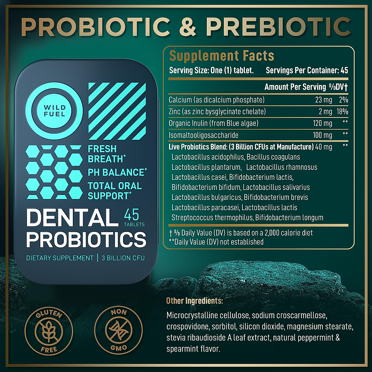 WILD FUEL Dental Probiotic for Teeth and Gums - Lactobacillus Salivarius Probiotic 3bn CFU Fights Bad Breath, Restores Healthy Bacteria - Oral Probiotics - 45 Tablets for Fresh Breath in a Travel Tin