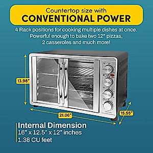 Elite Gourmet ETO4510B# French Door 47.5Qt, 18-Slice Convection Oven 4-Control Knobs, Bake Broil Toast Rotisserie Keep Warm, Includes 2 x 14" Pizza Racks, Stainless Steel