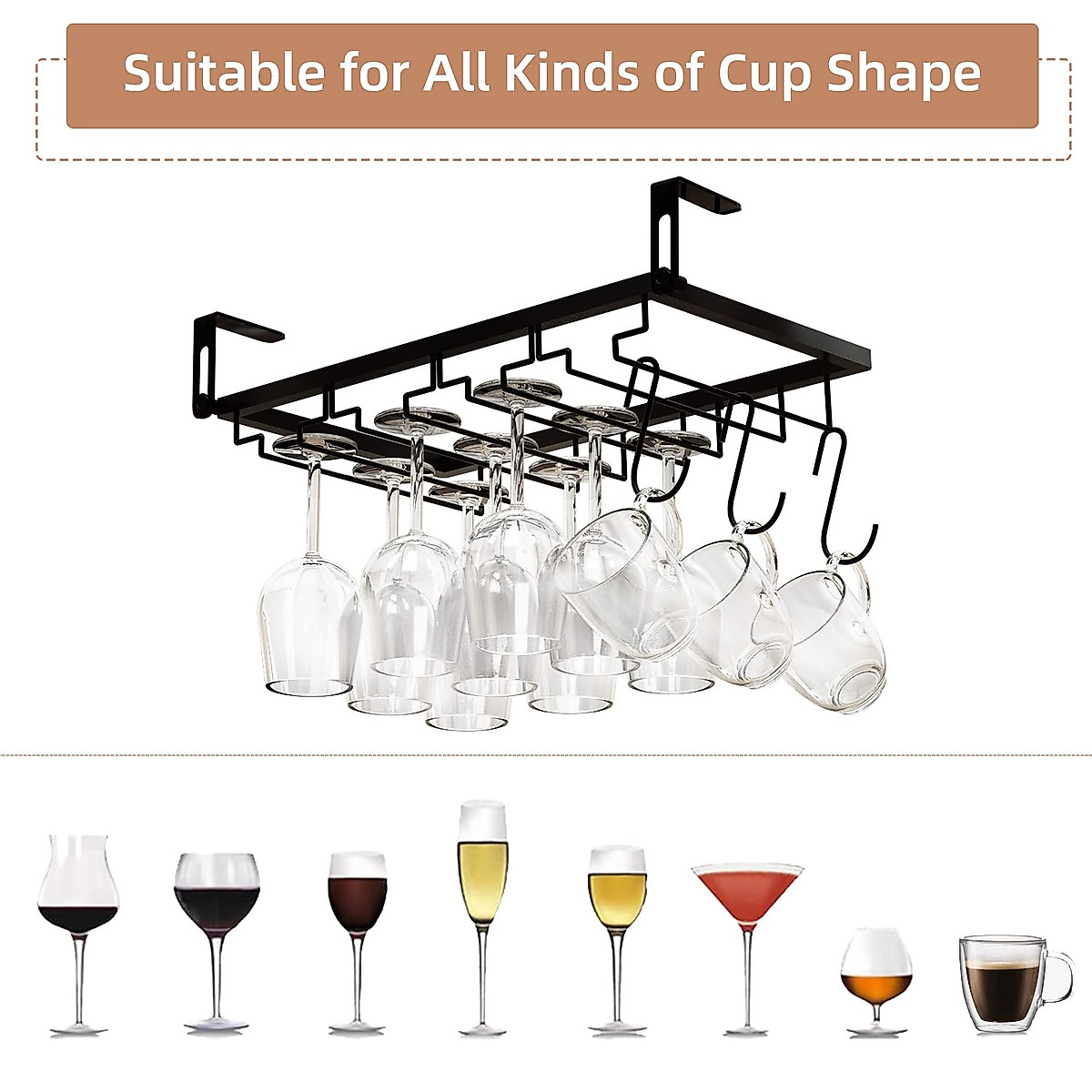 BUDO Wine Glass Rack Under Cabinet, 4 Rows Nail Free Wine Glass Holder Under Shelf, Adjustable Stemware Storage Drying Hanger Organizer for Kitchen Cabinet Bar (Black)