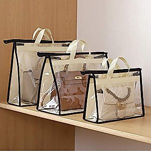 Chris.W Set of 3 Dustproof Handbags Storage Bag Closet Space Saving Organizer PVC Transparent Purse Cover Holder with Zipper and Handle, Large/Medium/Small (Beige)