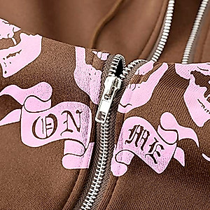 PLAYPUNK Women Rhinestone Oversized Zip Up Hoodie Y2k Skeleton Spider Skull Print Vintage Hoodies 90s Pullover Grunge Jacket Brown