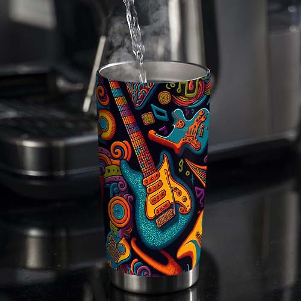 20oz Hippie Electric Guitar, Guitarist, Musician Gifts, Coffee Thermos for Men, Women, Stainless Steel Double Wall Vacuum Insulated Coffee Mug, Travel Cup with Lid