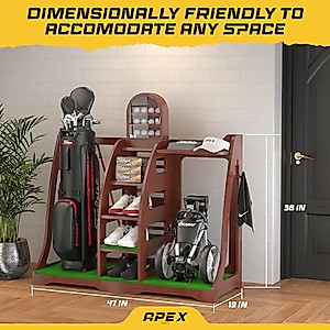 Apex Sports Golf Bag Organizer - Handcrafted Wood Design, Bag Stand, Ball Display, Storage Shelves, Garage Rack (Cherry)