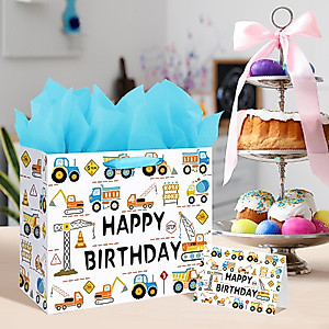 13" Large Happy Birthday Gift Bag for Baby Boy Kids with Tissue Paper and Card (Construction Vehicle)