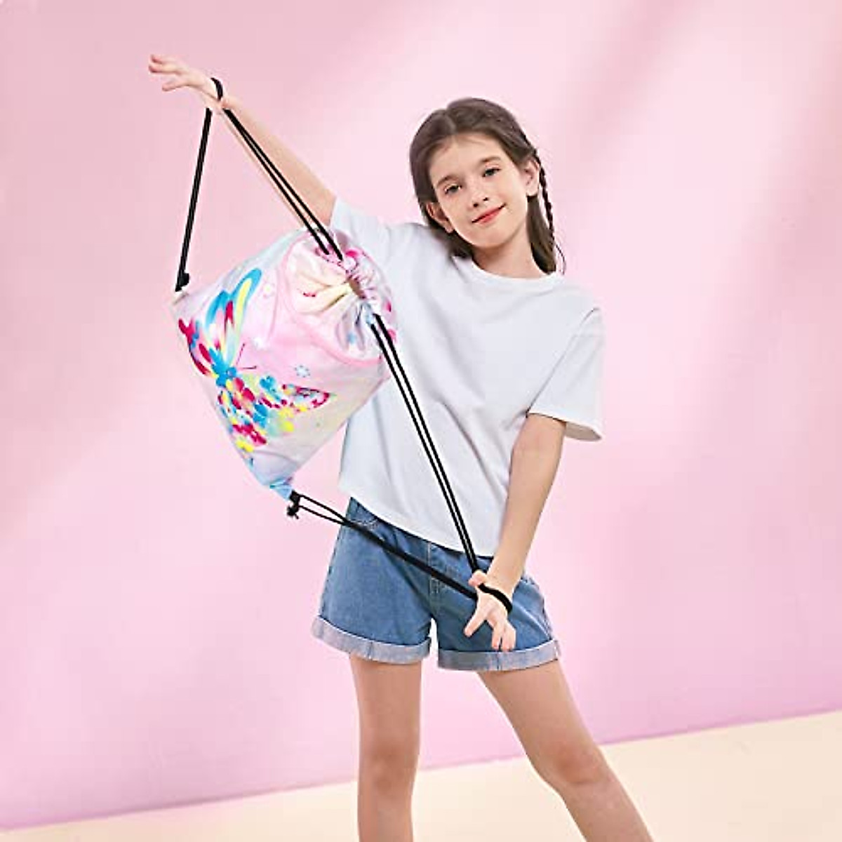 WAWSAM Butterfly Drawstring Backpack for Kids - 13" x 18" Sports Gym Bag for Girls Waterproof Beach Swimming Travel Sackpack Birthday Christmas Gift with Zippered Pocket