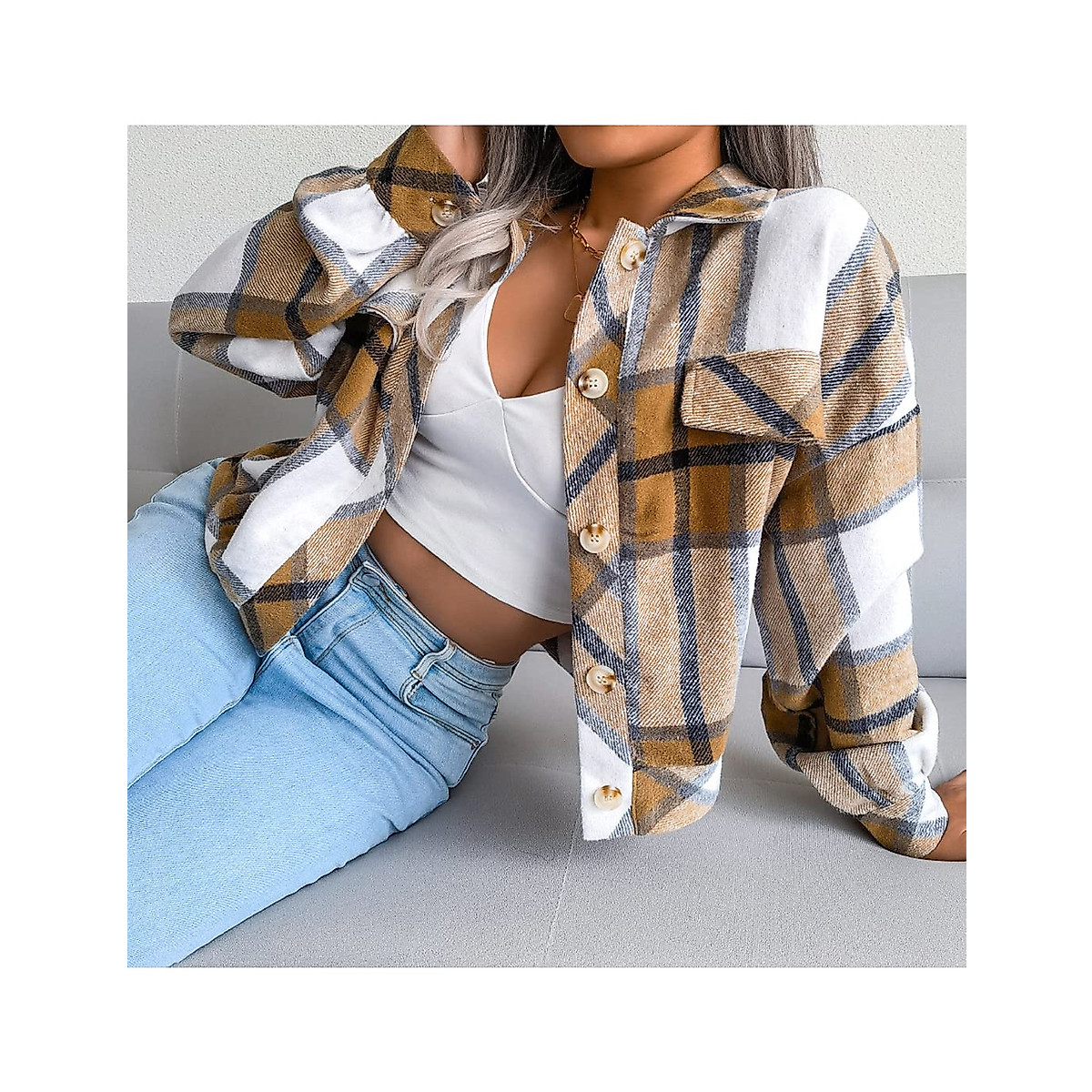 Womens Casual Plaid Shacket Long Sleeve Wool Blend Button Down Shirt Jacket Tops(Khaki,M)