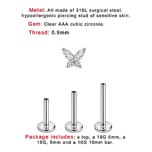 FANSING Clear CZ Butterfly Nose Studs for Women Nostril Piercing Jewelry Silver Earrings Stud Surgical Steel Cartilage Conch Helix Tragus Piercing with 18g 6mm 8mm 10mm Internally Threaded Posts