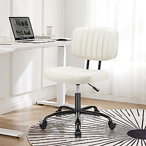 DUMOS Armless Home Office Chair Ergonomic Desk with Comfy Low Back Lumbar Support, Height Adjustable PU Leather Computer Task with 360° Swivel Wheels, for Small Space, Kids and Adults, Beige White