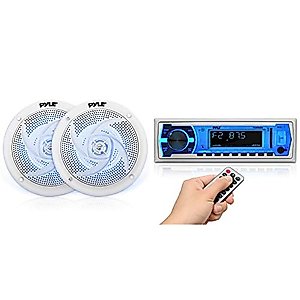 Pyle Marine Speakers - 5.25 Inch 2 Way Waterproof and Weather Resistant Outdoor Audio Stereo Sound System - 1 Pair & Marine Bluetooth Stereo Radio - 12v Single DIN Style Boat in Radio Receiver System