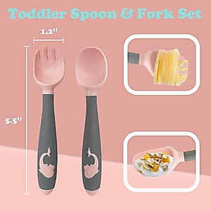 CocoMeiwei Toddler Utensils,Baby Silicone Spoon and Fork Set with Bendable Handle for Kids Self-feeding Learning,BPA Free Toddler Flatware 4 Pieces