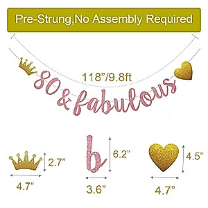 80 & fabulous Banner, Pre-Strung, No Assembly Required, Funny Rose Gold Paper Glitter Party Decorations for 80th Birthday Party Supplies, Letters Rose Gold,ABCpartyland