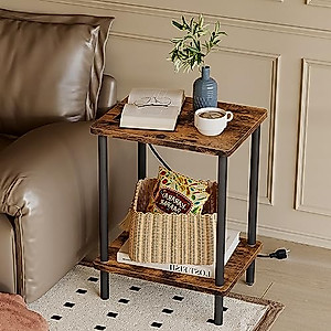 Fixwal 2-Tier Nightstand with Charging Station, End Table Set of 2, Side Table with USB Ports and Power Outlets, Side Table for Living Room, Bedroom, Rustic Brown and Black