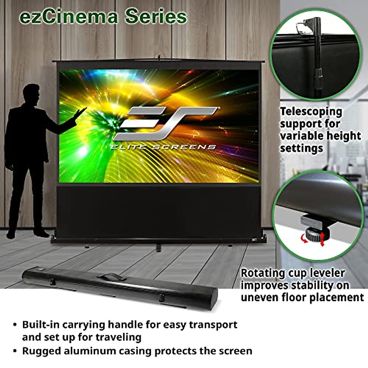 Elite Screens ezCinema Series, 120-inch 16:9, Manual Floor Pull Up Projection Projector Screen, Movie Home Theater Office Church 8K 4K Ultra HD 3D Ready, US-Based Company. 2-YEAR WARRANTY, F120NWH