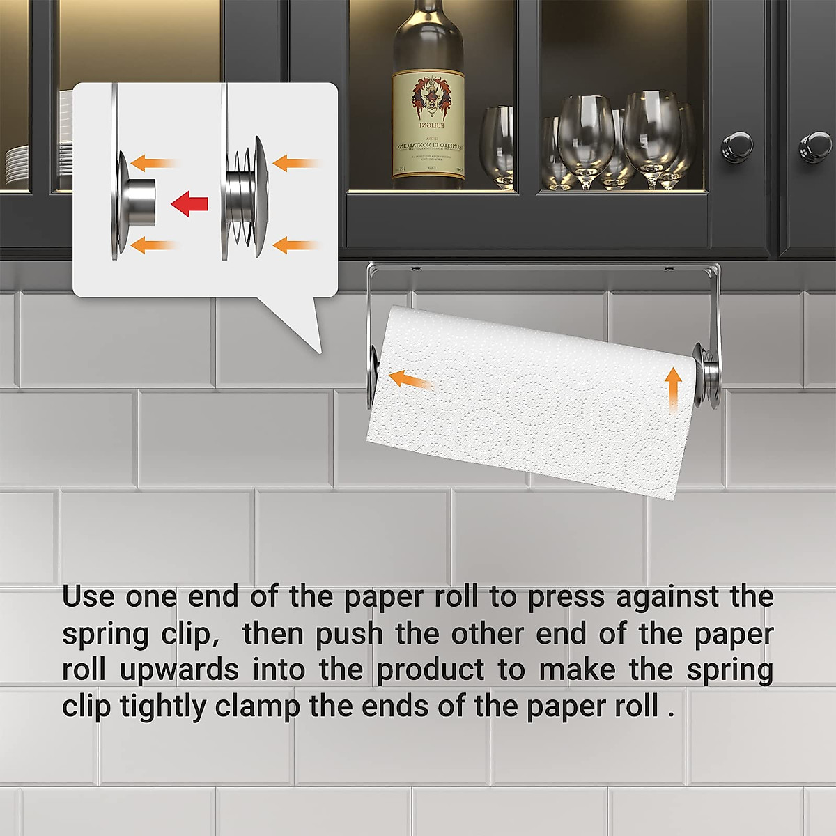 Swaitee Paper Towel Holder, One Hand Tear Paper Towel Holder Under Cabinet with Ring Spring, Stainless Steel Paper Holder Rack Adhesive or Wall Mount for Kitchen Bathroom