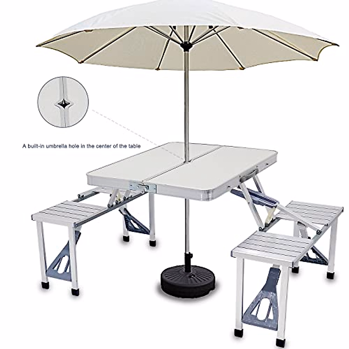 Carivia Aluminum Foldable Table Camping Picnic Folding Grilling Table w/ 4 Chairs Seats Umbrella Hole Fold Up Suitcase Table for Travel Picnic Camping BBQ Party