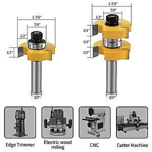 2 Pieces Tongue and Groove Router Bit Set 1/2 Inch Shank 1-1/2" Woodworking Cutting Milling Tools Router Bits for Woodworking 3 Teeth Adjustable T Shape Wood Milling Cutter