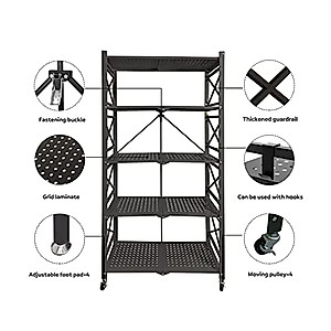 5-Shelf Foldable Storage Shelves with Wheels, Metal Shelves Heavy Duty Large Capacity Storage Shelving Unit, No Assembly, for Garage Kitchen, Warehouse, Closet, Basement and Pantry (Black, 5 Tier)