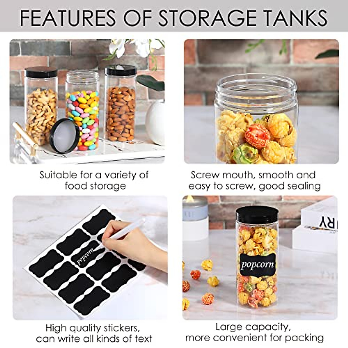 OUSHINAN Plastic Jars with Screw On Lids, Pen and Labels Refillable Empty Round Slime Cosmetics Containers for Storing Dry Food, Makeup, Slime, Honey Jam, Cream, Butter, Lotion… (18PCS 16OZ Black)