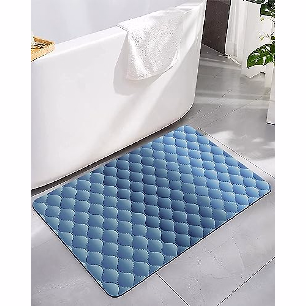 Gradient Blue Bath Mat for Tub,Non Slip Bathroom Floor Runner Rug Quick Dry & Absorbent Diatomaceous Earth Kitchen Shower Sink Washable Doormat,Modern Geometry Minimalist Fish Scale Lattice 20"x32"
