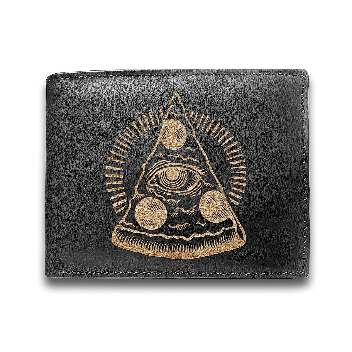 Illuminati Pizza Slice Genuine Cowhide Leather Laser Engraved Engraving Slimfold Men Large Capacity Luxury Wallet Purse Minimal Sleek & Slim Black Card Holder Organizer 14 Pocket