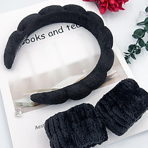 1Spa Headband and 2 Wristbands Set for Women Girls -Sponge & Terry Cloth Fabric Headband for Washing Face, Skincare,Makeup, Shower, Hair Accessories- Wrist Washband Prevent Liquid from Spilling(Black)
