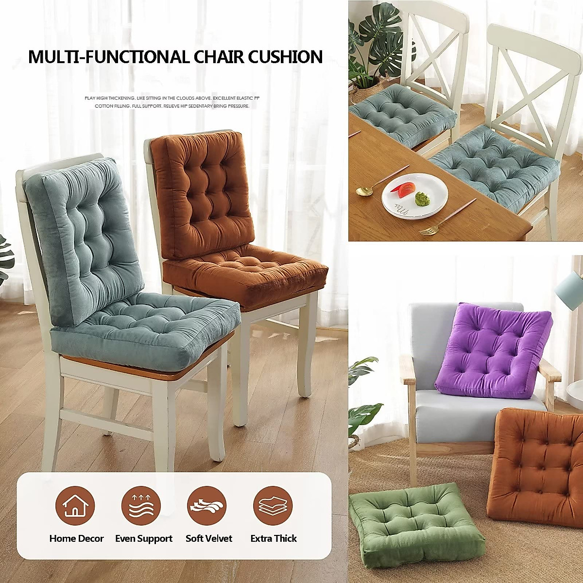 Seat Cushions for Office Chairs Extra Thick, Chair Pillows Seat Cushions for Dining Room, Crystal Velvet Seat Pads 8cm/3.2in Thick Filling, Anti-Deformation for Desk Chair, Dorm, Wine Red-16x16in