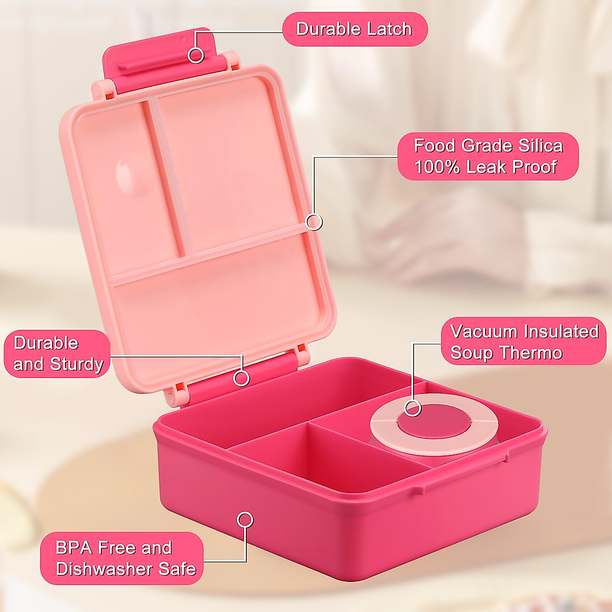 Bento Lunch Box for Kids with 8oz Soup Thermo&Lunch Bag, Leak-Proof Lunch Food Containers with 4 Compartment, Hot Food Insulated Food Jar for Kids School (Pink)