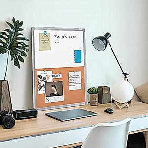 Magnetic Cork Board White Board Combo, Vision Board 2023, 24" x 18" Half Corkboard Whiteboard Combo, Bulletin Pin Board for Office Wall w/Markers, Eraser, Magnets, Pins