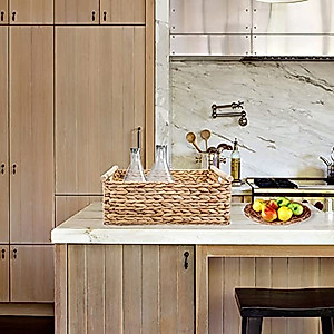 LaMorée Storage Baskets 3 PCS Hand Woven Natural Wicker Storage Bins Boxes with Wooden Handles Decorative Water Hyacinth Clothes Towel Food Container Organizer for Home Kitchen Laundry Room