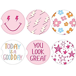 Dingion 6 Pcs Preppy Car Coasters with Finger Notch Aesthetic Cork Base Absorbent Ceramic Coasters Cute Car Drinks Coasters with Anti Slip Cork Base for Auto Accessories