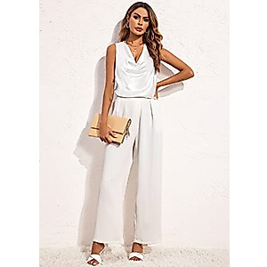 Ekouaer Women's Satin Silk Pajamas Set Cowl Neck Loungewear Comfy Silky Sleepwear Pjs with Pockets White