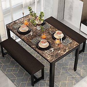 Recaceik Dining Table Set for 4, Kitchen Table and Chairs for 4, Faux Marble Dining Room Table with 2 Benches, Space Saving Dining Table and Upholstered PU Leather Bench for Small Spaces, Brown