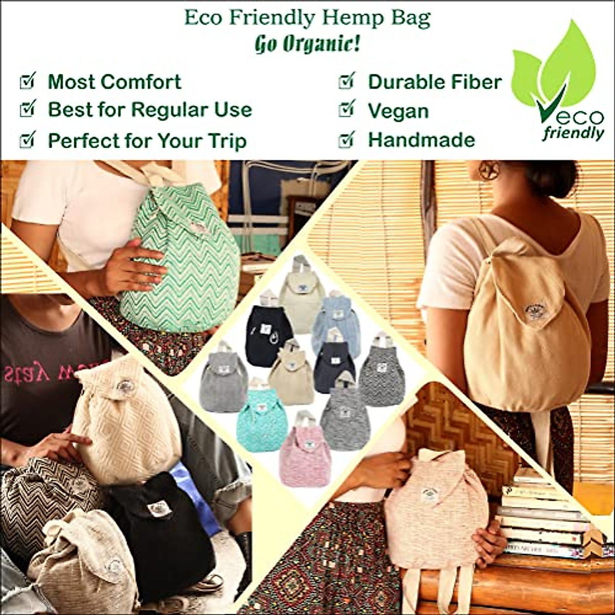 Hemp small bag for women Girls Light Weight Eco Friendly Small cute backpack Bag for everyday lives (Gray)