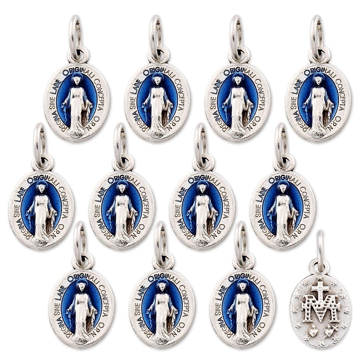 Catholica Shop Our Lady of Grace Mini Miraculous Medal Pendant - Silver Tone with Blue Enamel - Made in Italy. Pack of 12 Units.