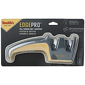 Smith's 50090 Pull-Thru Knife Sharpener - Grey - Coarse & Fine Sharpeners - Non-Slip Rubber Base – Straight & Serrated Blades – Pocket, Hunting, Sport Knives