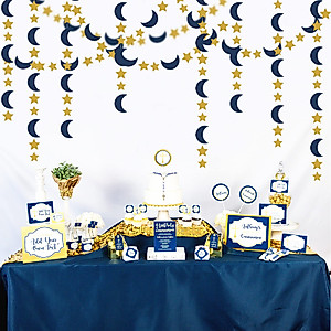 Navy-Blue Gold Moon-Star Party-Decorations Garland - 52Ft Twinkle Little Star Hanging Decoration Streamers Banner, Eid Ramadan Mubarak Decoration Birthday Wedding Baby Shower Party Decor Panduola