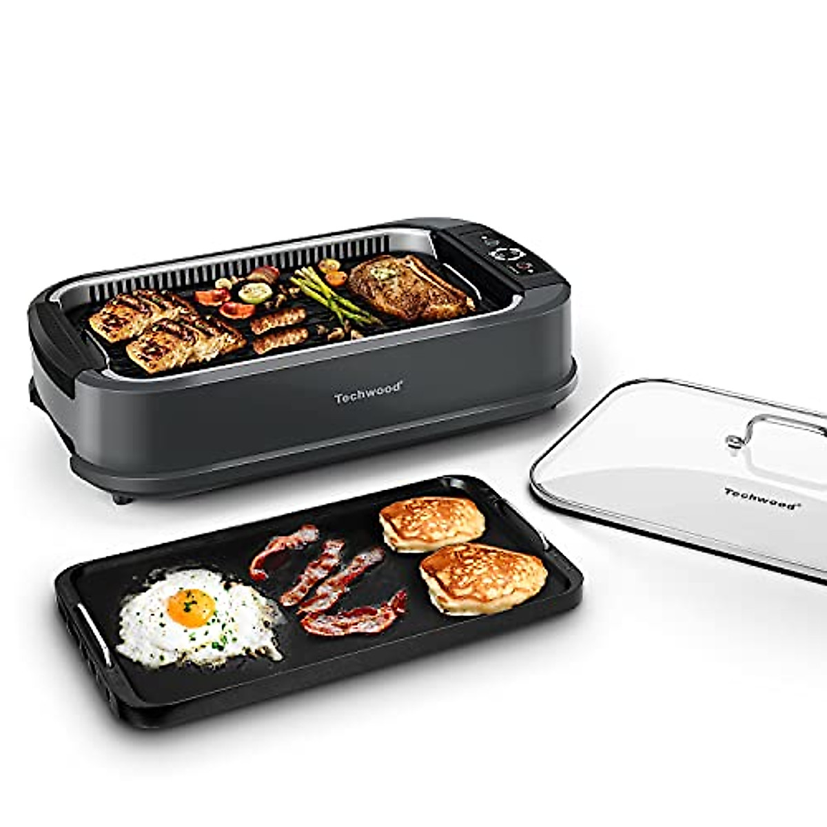 Indoor Smokeless Grill, Techwood 1500W Electric BBQ Grill with Temperature Control, Korean Grill Removable Grill & Griddle Plates, Tempered Glass Lid