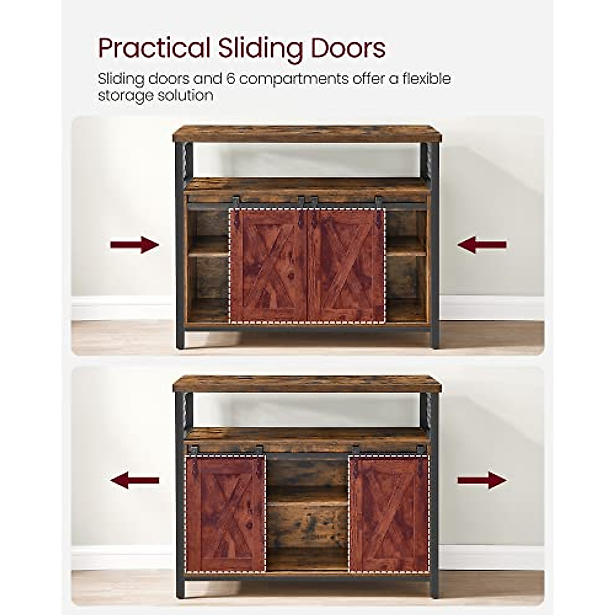 VASAGLE Buffet Sideboard Storage Cabinet with Adjustable Shelf and Sliding Barn Door, Open Compartment, 13 x 39.4 x 31.5 Inches, Rustic Brown and Black