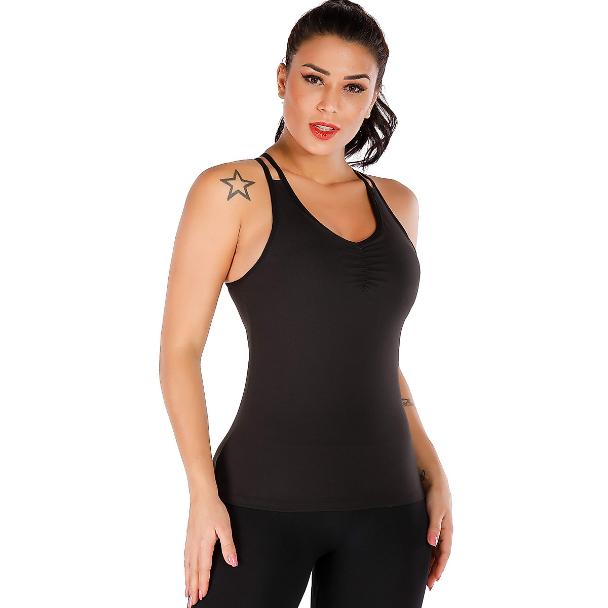 RUNNING GIRL Yoga Tank Tops for Women Built in Shelf Bra B/C Cups Strappy Back Activewear Workout Compression Tops (BX2366 Black.CN:L,US:M)