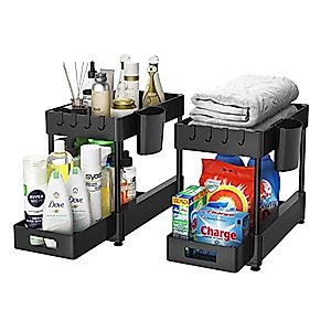 Under Sink Organizers and Storage 2 Pack, ZOMILB Bathroom Organizer 2-Tier Sliding Kitchen Cabinet Organization with Hook, Hanging Cup, Multi-purpose Under Sink Shelf Organizer for Home Storage, Black