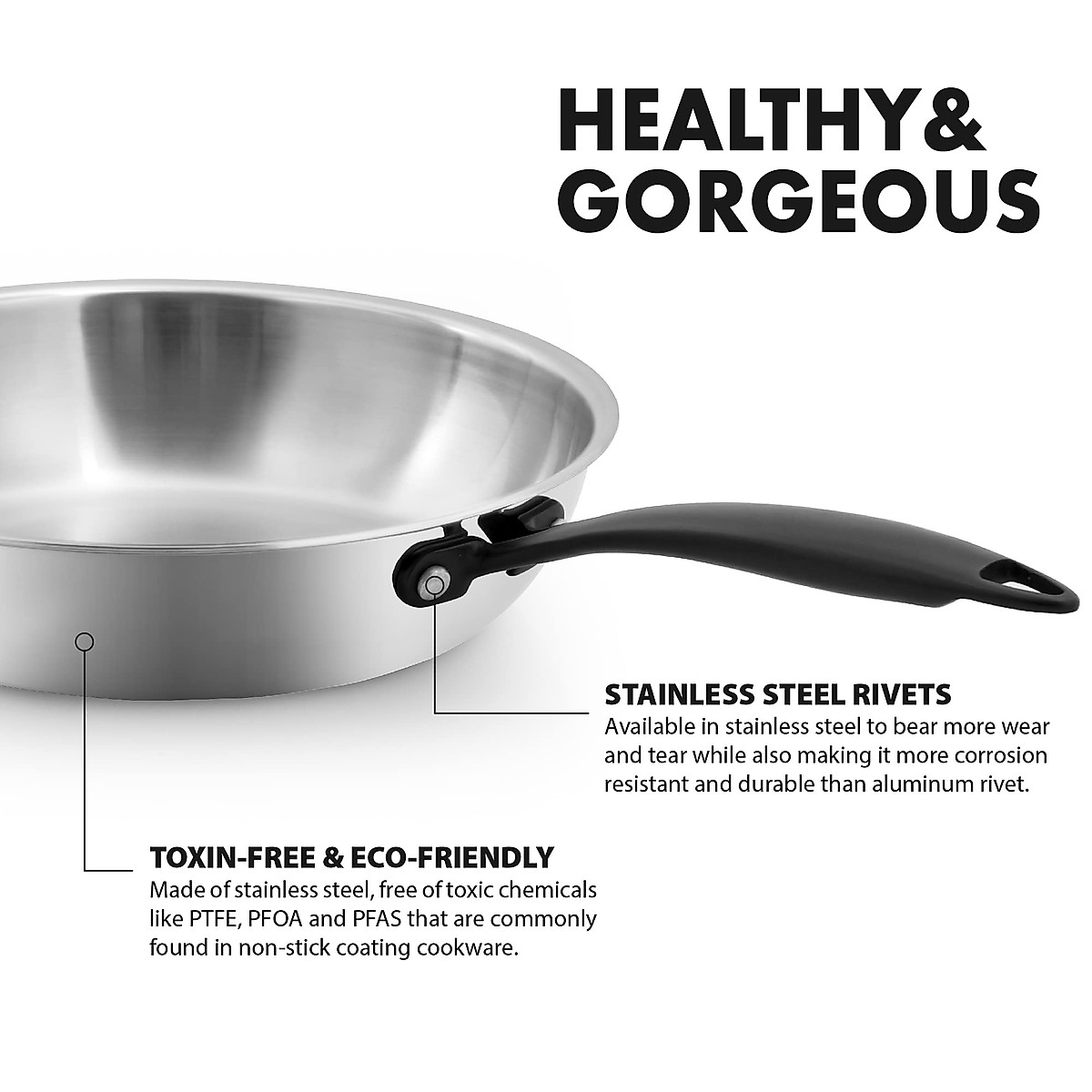 GRANDTIES Full-Clad Tri-Ply Stainless Steel Frying Pan Induction Cookware – 10 Inch Stainless Steel Skillet, Marquina Black Metal Handles Kitchen Cooking Pan, Dishwasher and Oven Safe Pots and Pans